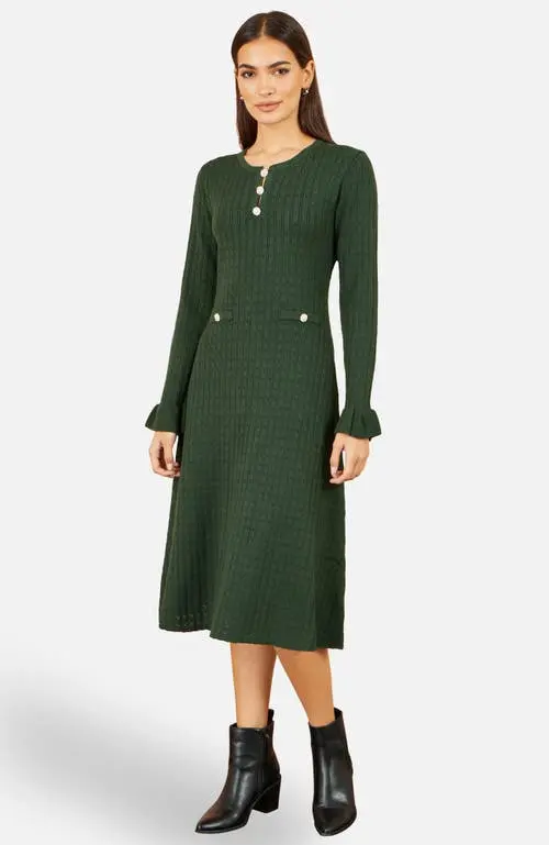 YUMI Long Sleeve Knitted Midi Dress - Green