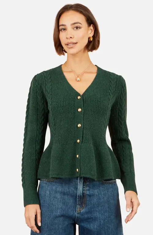 YUMI Cable Knit Peplum Cardigan - Green