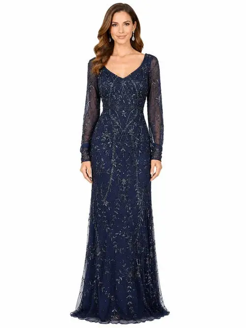 LARA NEW YORK V-neck Beaded Gown With Sleeves - Navy
