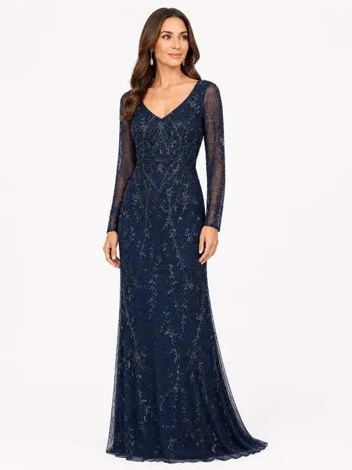 LARA NEW YORK V-neck Beaded Gown With Sleeves