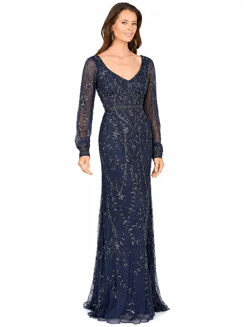 LARA NEW YORK V-neck Beaded Gown With Sleeves - Navy
