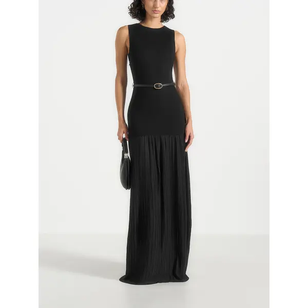 Manière De Voir Emma Crew Neck Belted Pleated Maxi Dress - Black