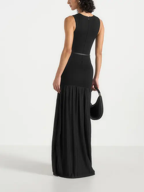 Manière De Voir Emma Crew Neck Belted Pleated Maxi Dress