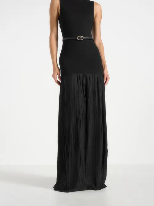 Manière De Voir Emma Crew Neck Belted Pleated Maxi Dress