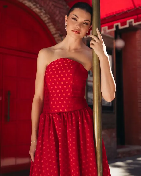 Mac Duggal Strapless Polka Dot Brocade Midi Dress
