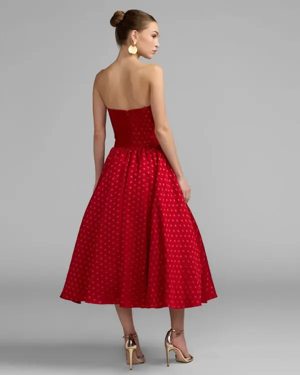 Mac Duggal Strapless Polka Dot Brocade Midi Dress