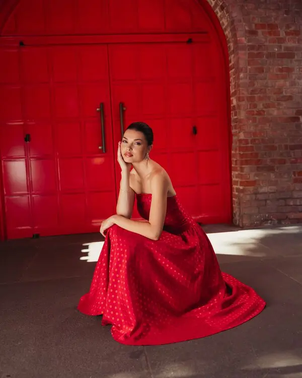 Mac Duggal Strapless Polka Dot Brocade Midi Dress