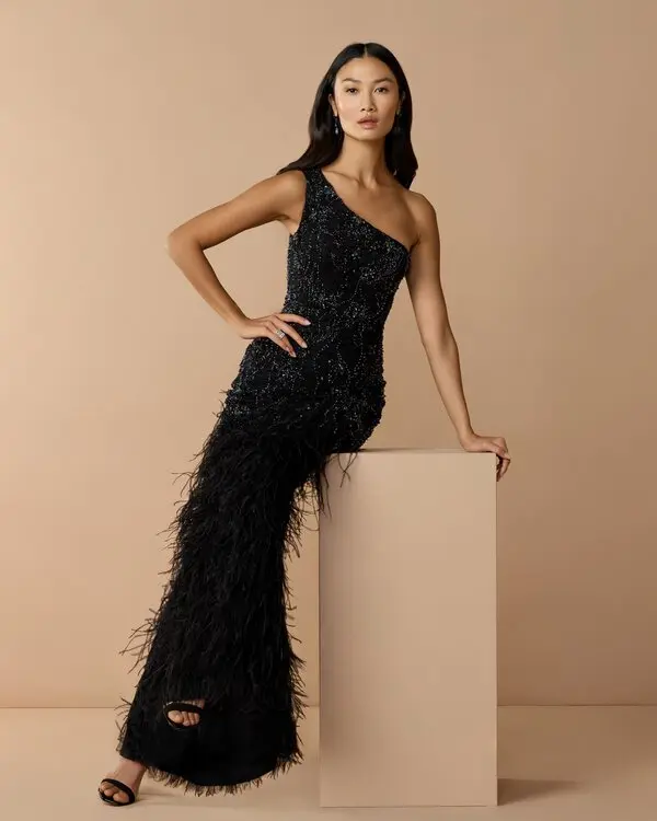 MAC DUGGAL COLLECTION Embellished Lace One Shoulder Feather Gown - Black