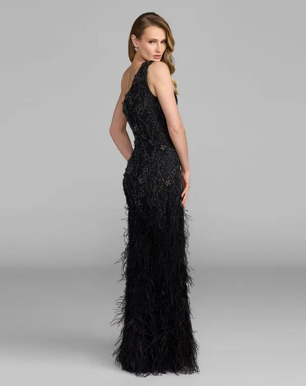 MAC DUGGAL COLLECTION Embellished Lace One Shoulder Feather Gown