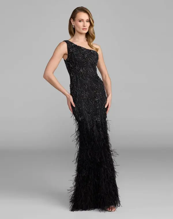 MAC DUGGAL COLLECTION Embellished Lace One Shoulder Feather Gown