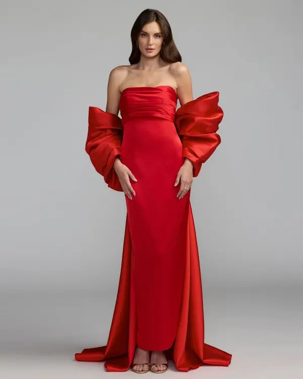 Mac Duggal Satin Column Gown With Oversized Bow Detail - Ruby