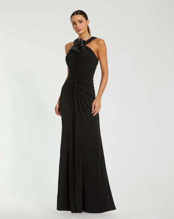 Mac Duggal Jersey Halter Neck Gown With 3d Flower - Black