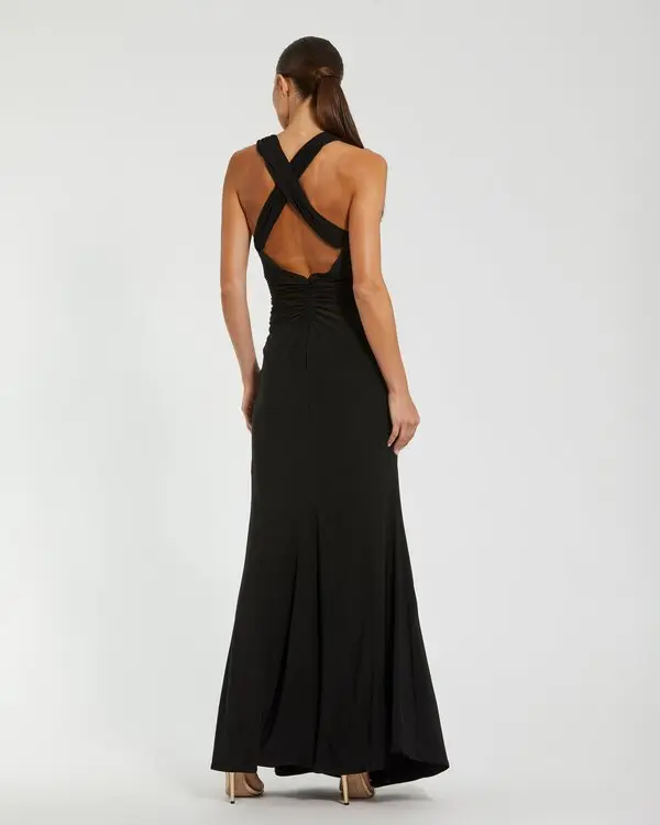 Mac Duggal Jersey Halter Neck Gown With 3d Flower