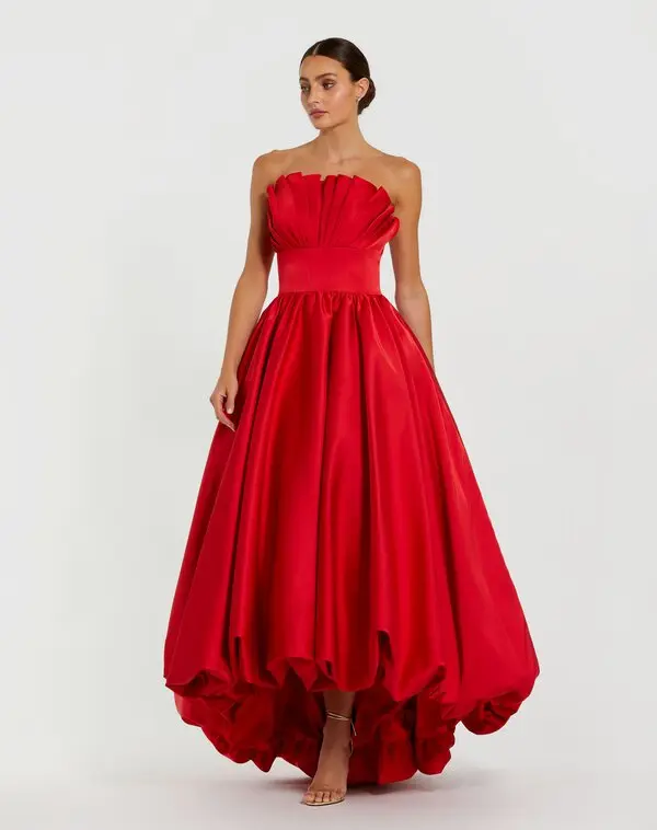 Mac Duggal Strapless Bubble Hem High Low Ball Gown - Red