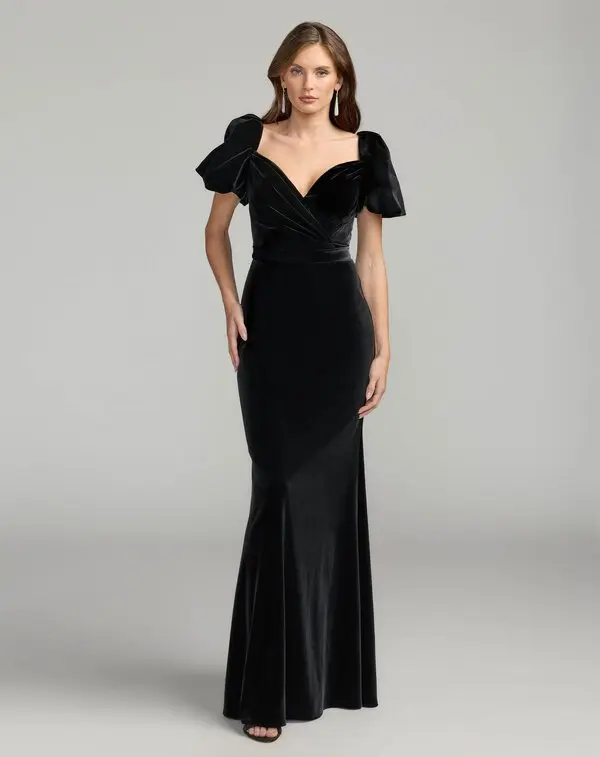 Mac Duggal Velvet Gown With Puff Sleeves - Black