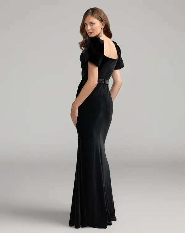 Mac Duggal Velvet Gown With Puff Sleeves