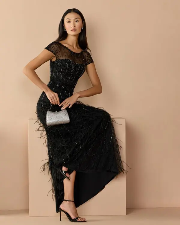 MAC DUGGAL COLLECTION Rhinestone Embellished Illusion Neck Feather Gown - Black