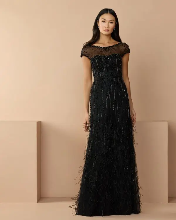 MAC DUGGAL COLLECTION Rhinestone Embellished Illusion Neck Feather Gown