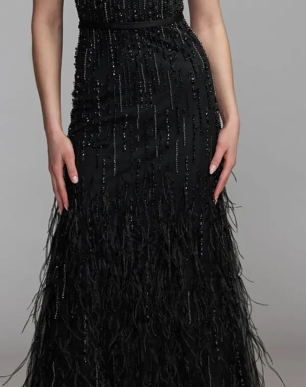 MAC DUGGAL COLLECTION Rhinestone Embellished Illusion Neck Feather Gown