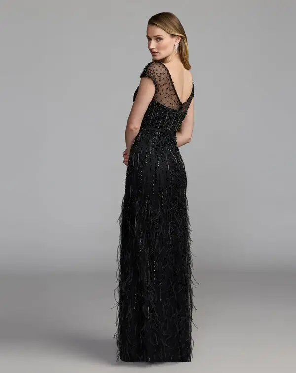 MAC DUGGAL COLLECTION Rhinestone Embellished Illusion Neck Feather Gown
