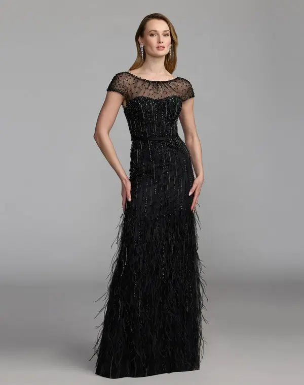 MAC DUGGAL COLLECTION Rhinestone Embellished Illusion Neck Feather Gown