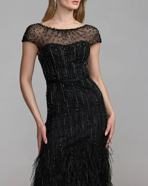 MAC DUGGAL COLLECTION Rhinestone Embellished Illusion Neck Feather Gown