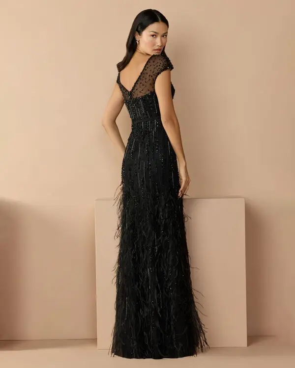 MAC DUGGAL COLLECTION Rhinestone Embellished Illusion Neck Feather Gown