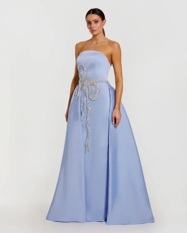 Mac Duggal Strapless Embellished Satin Gown With Overskirt - Blue