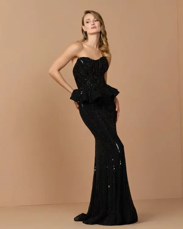 MAC DUGGAL COLLECTION Strapless Embellished Peplum Gown - Black
