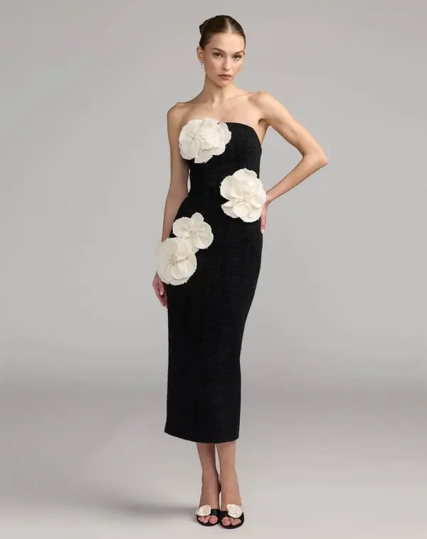 Mac Duggal Boucle Strapless 3d Floral Midi Dress - Black
