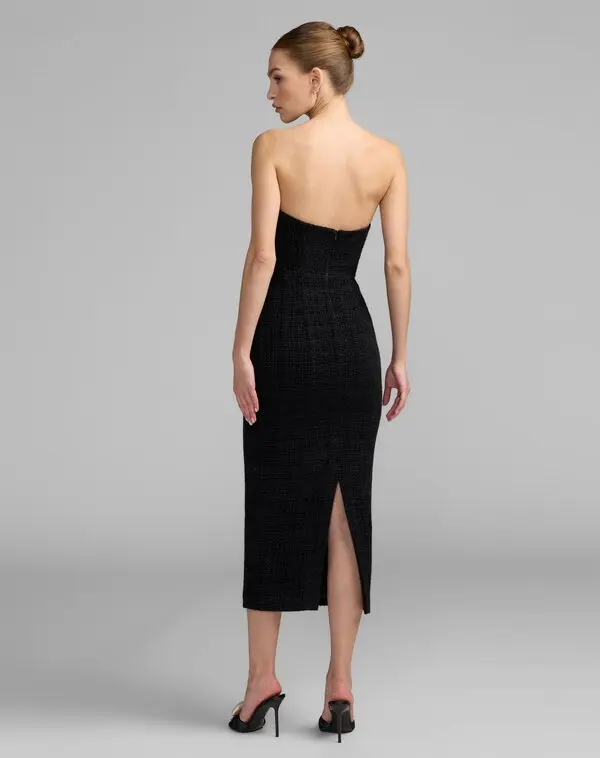 Mac Duggal Boucle Strapless 3d Floral Midi Dress