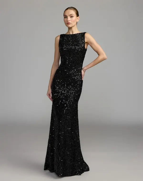 Mac Duggal Cowl Back Boat Neck Sequined Evening Gown - Black