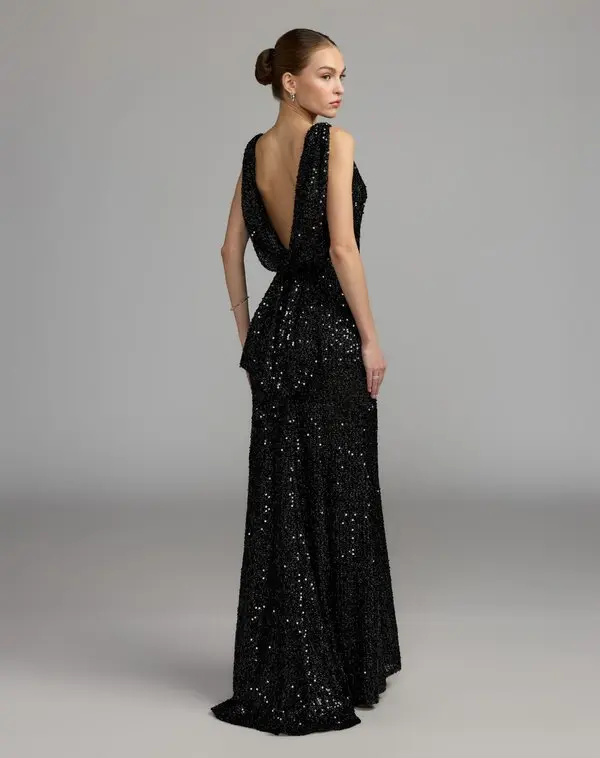 Mac Duggal Cowl Back Sequined Evening Gown - Black