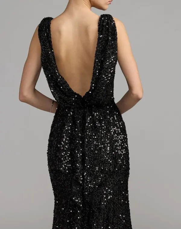Mac Duggal Cowl Back Sequined Evening Gown - Black