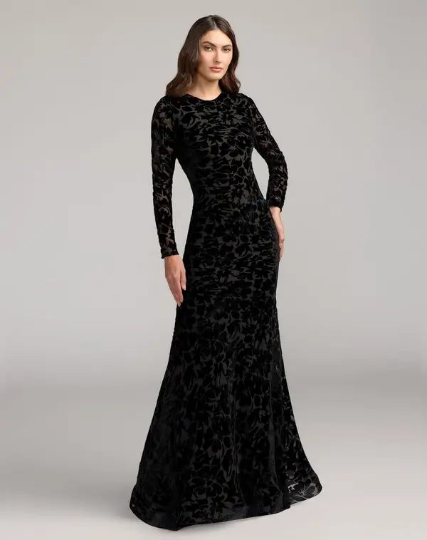 Mac Duggal High Neck Long Sleeve Floral Velvet Gown - Black