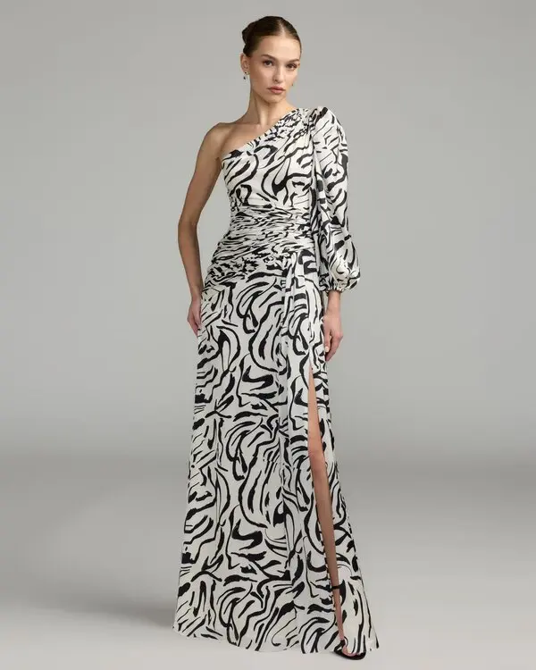 Mac Duggal Abstract Print One Shoulder Charmeuse Gown With Slit - White