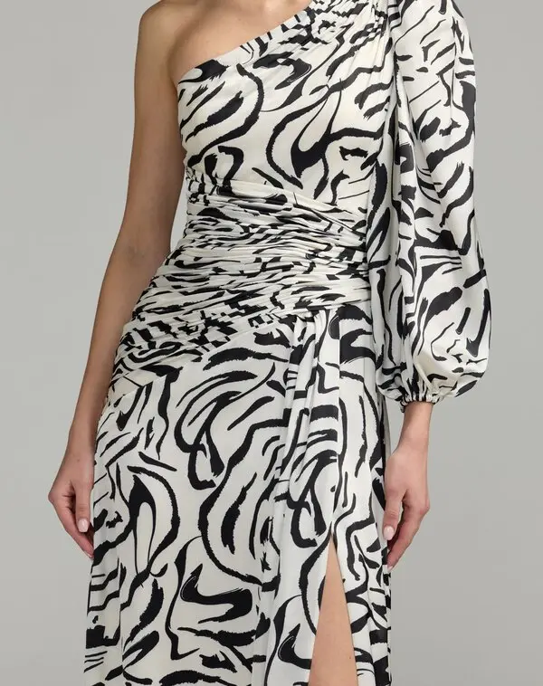 Mac Duggal Abstract Print One Shoulder Charmeuse Gown With Slit