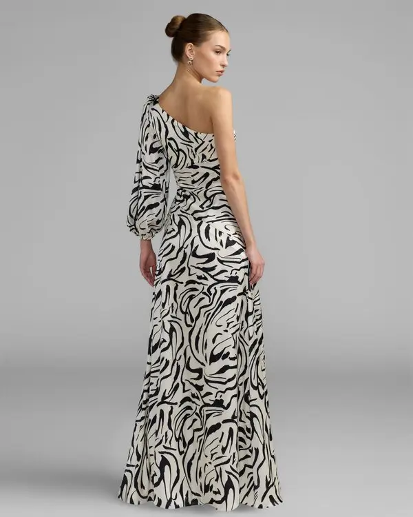 Mac Duggal Abstract Print One Shoulder Charmeuse Gown With Slit