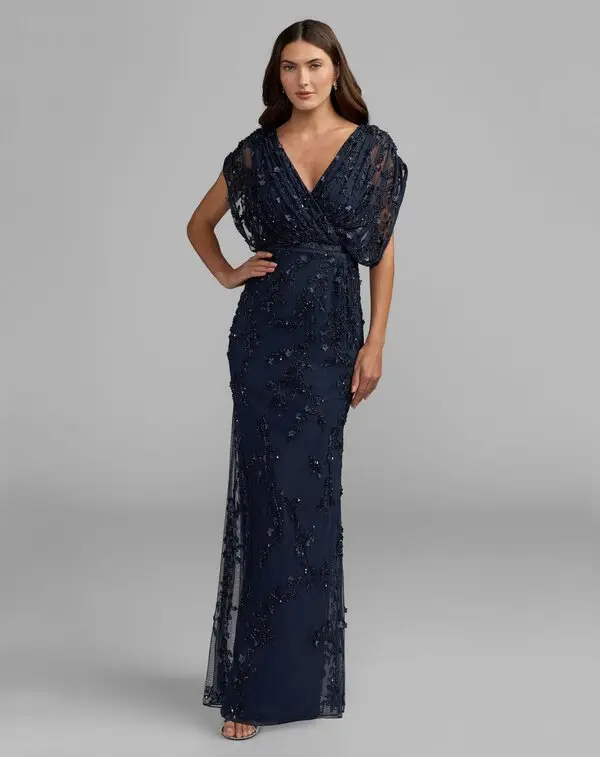Mac Duggal Beaded V-neck Short Sleeve Blouson Gown