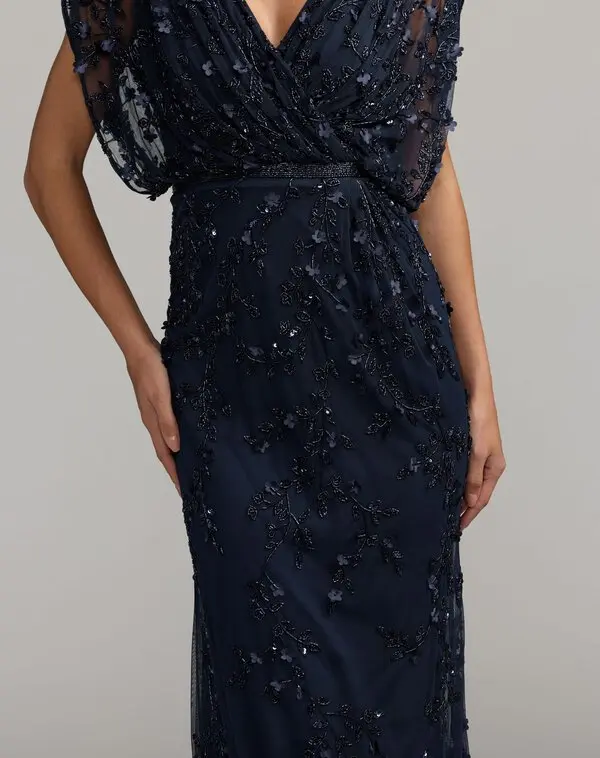 Mac Duggal Beaded V-neck Short Sleeve Blouson Gown