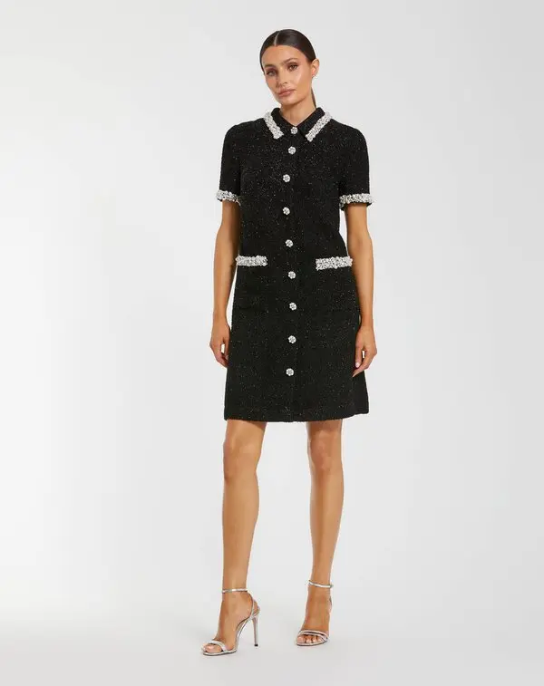 Mac Duggal Pearl Trim Boucle Mini Dress - Black