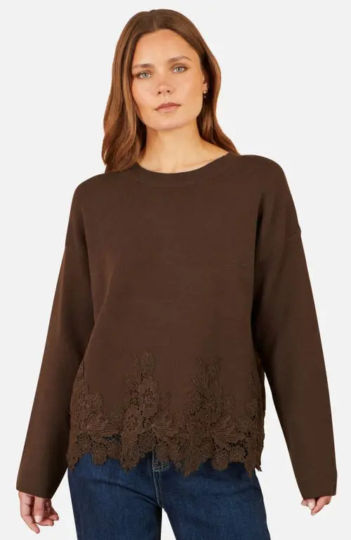 YUMI Relaxed Floral Lace Trim Jumper - Brown