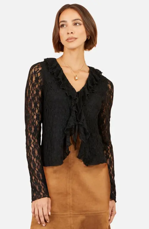 YUMI Ruffled Lace Tie Neck Top - Black