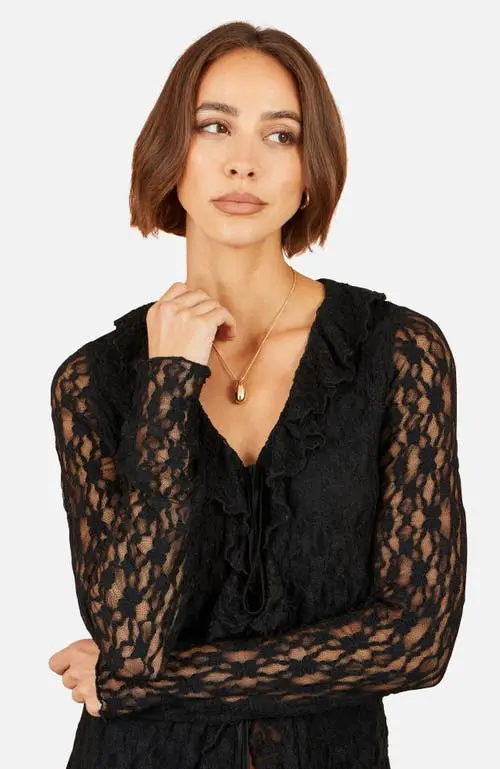 YUMI Ruffled Lace Tie Neck Top