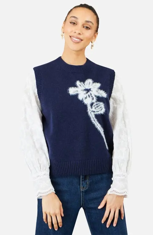 YUMI Knitted Flower Sleeveless Jumper Vest - Navy