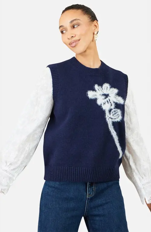 YUMI Knitted Flower Sleeveless Jumper Vest - Navy