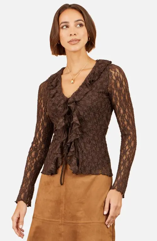 YUMI Sheer Long Sleeve Ruffle Lace Top - Brown