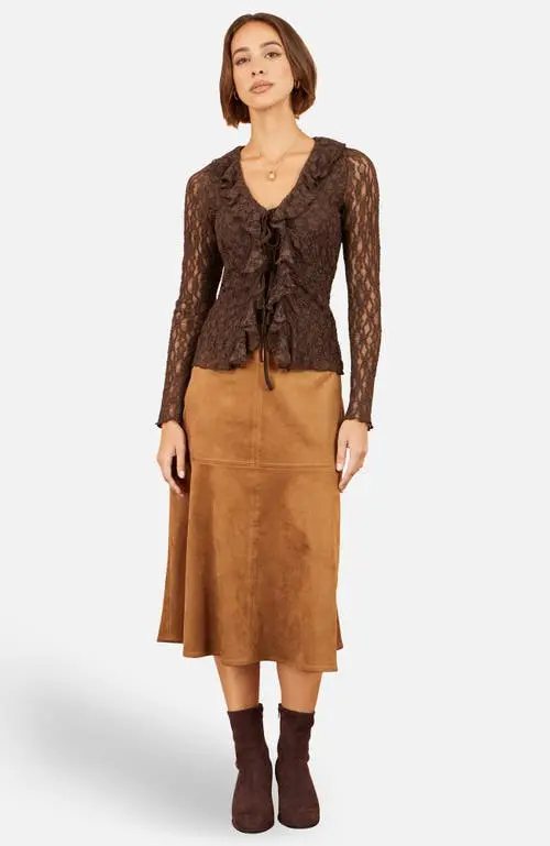 YUMI Sheer Long Sleeve Ruffle Lace Top