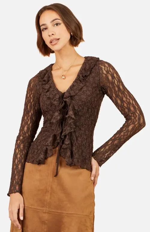 YUMI Sheer Long Sleeve Ruffle Lace Top