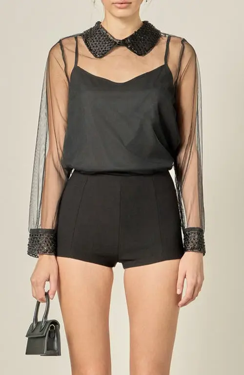 English Factory Beaded Collar Sheer Top - Black